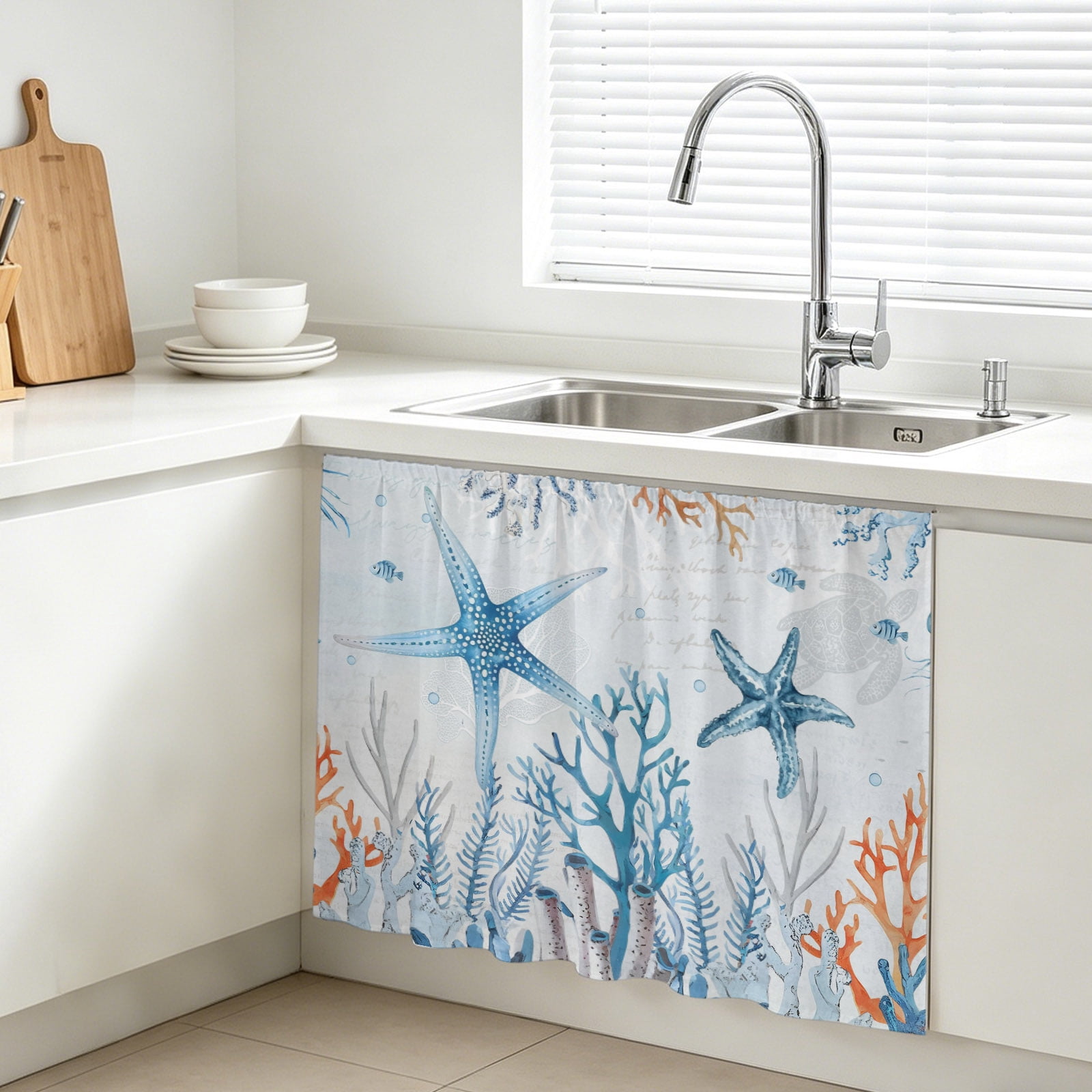 Blue Ocean Cabinet Curtain, Starfish Fish Jellyfish Sink Skirt for ...
