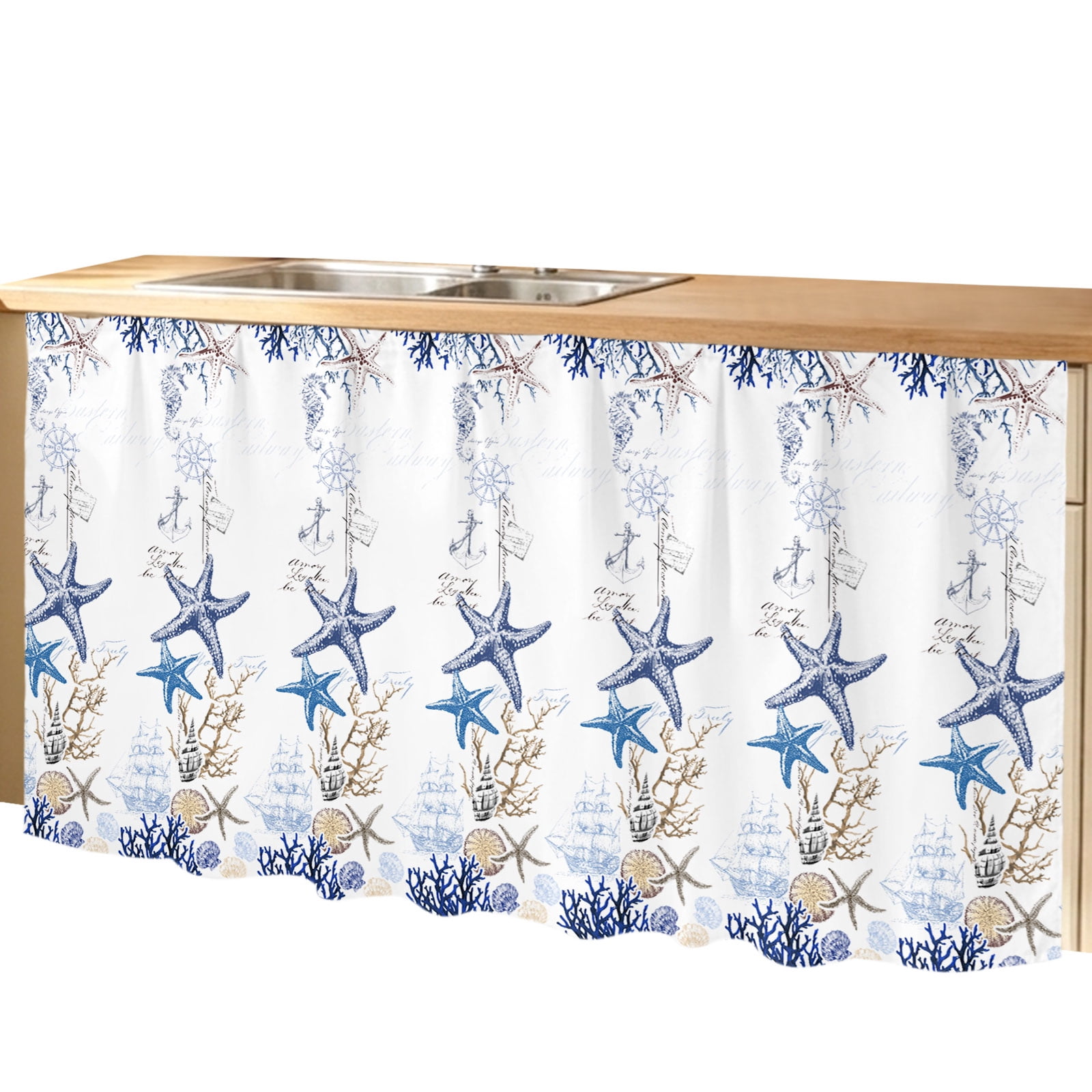 Blue Ocean Cabinet Curtains Starfish Shell Coral Vintage Nautical Theme ...