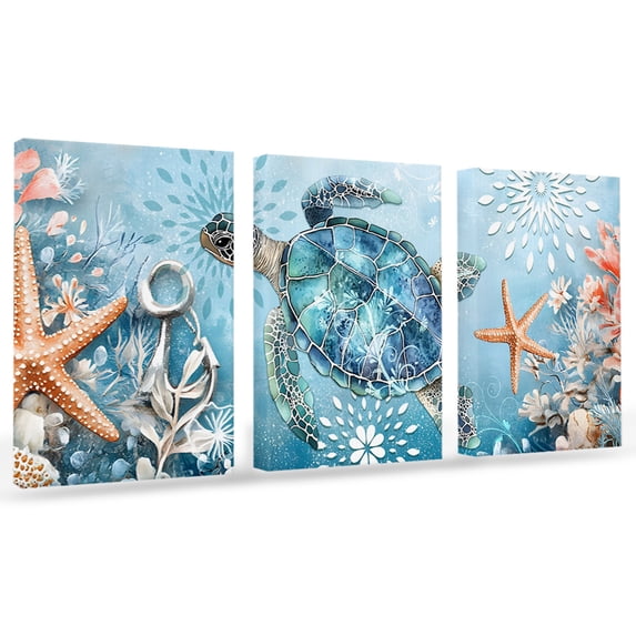 Blue Ocean Canvas Wall Art 3 Panels, Sea Turtle Coral Starfish Seashell ...