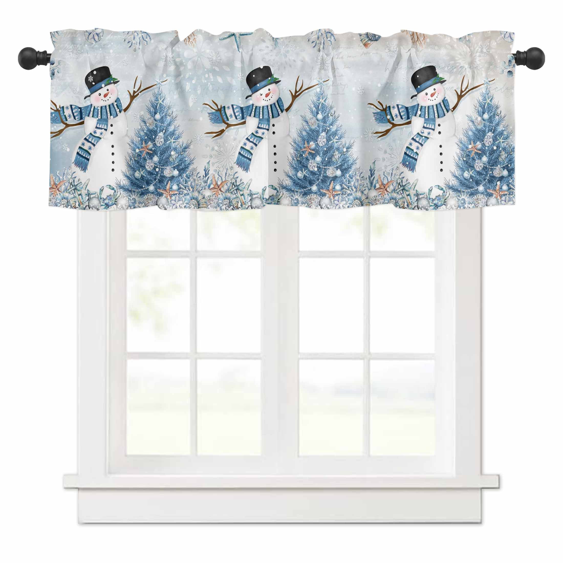 Blue Ocean Christmas Valances for Windows Winter Snowman Tree Coral ...