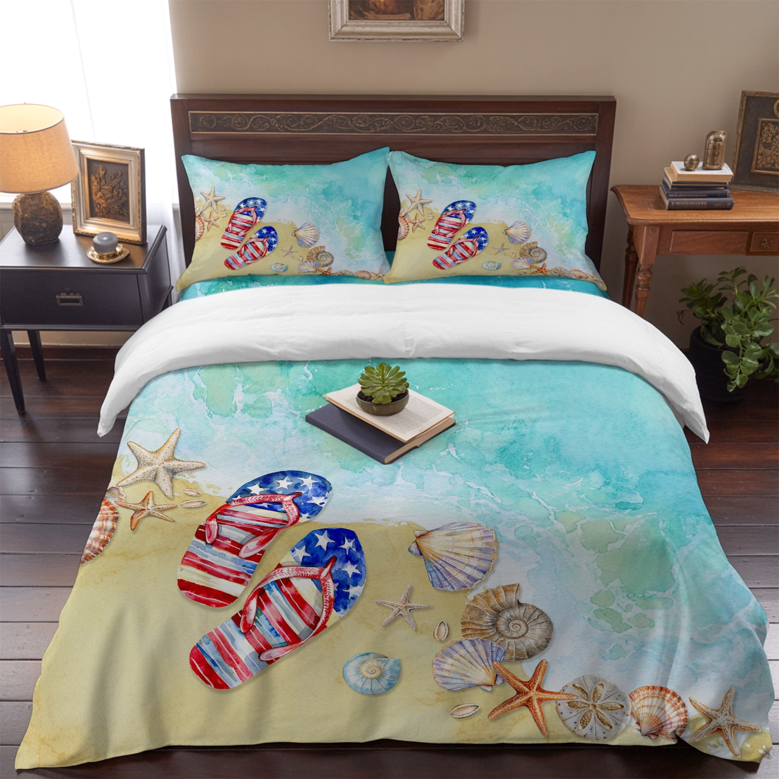 Blue Ocean Coastal Slippers USA Flag Queen Size Bed Set,Ocean Starfish ...