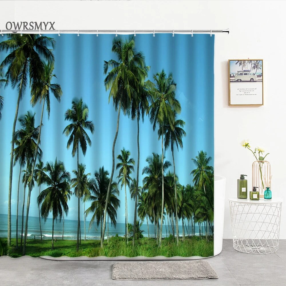 Blue Ocean Coconut Tree Landscape Shower Curtains Aesthetic Scenery ...