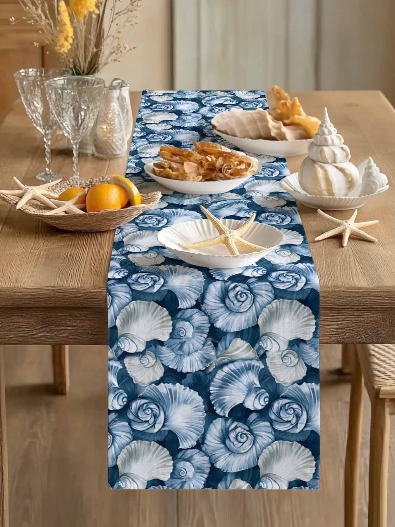 Blue Ocean Conch Sea Shell Table Runner 13x70in Non-Slip Cotton Linen ...