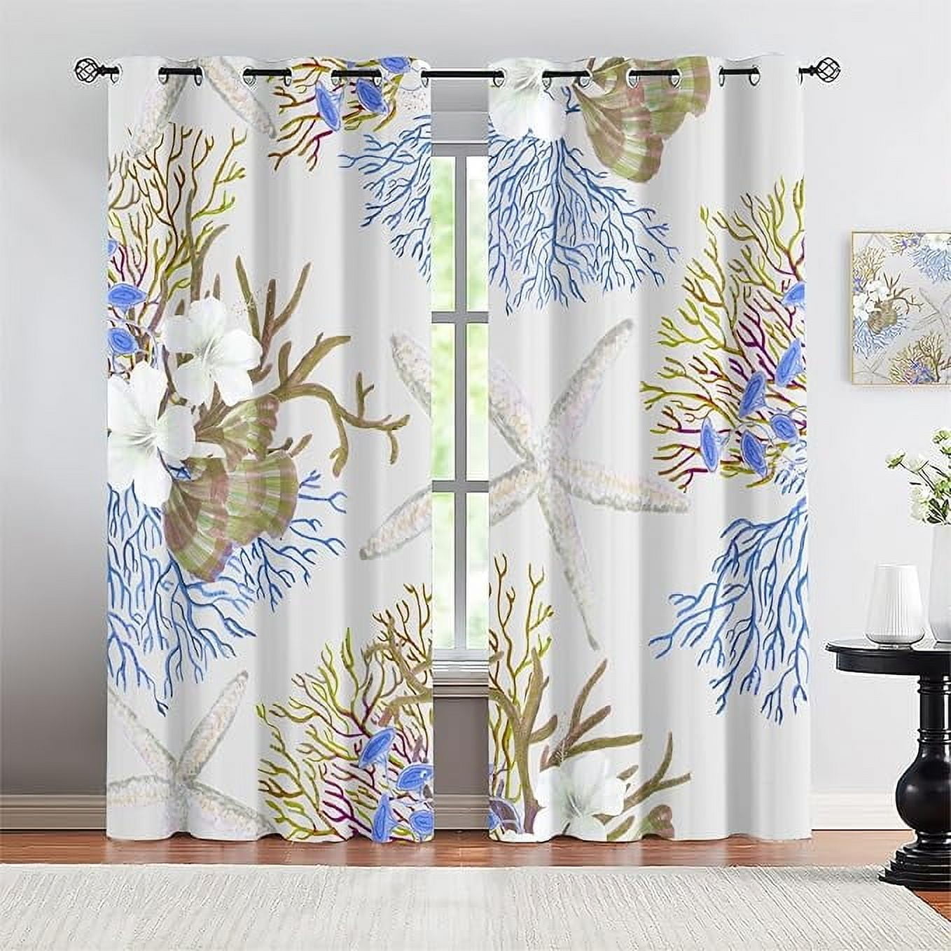 Blue Ocean Coral Blackout Curtains, Nautical Sea Shell Creatures Window ...