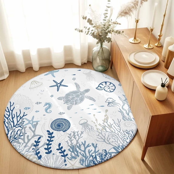 Blue Ocean Coral Sea Turtle Round Rug 3ft Marine Life Shell Conch ...
