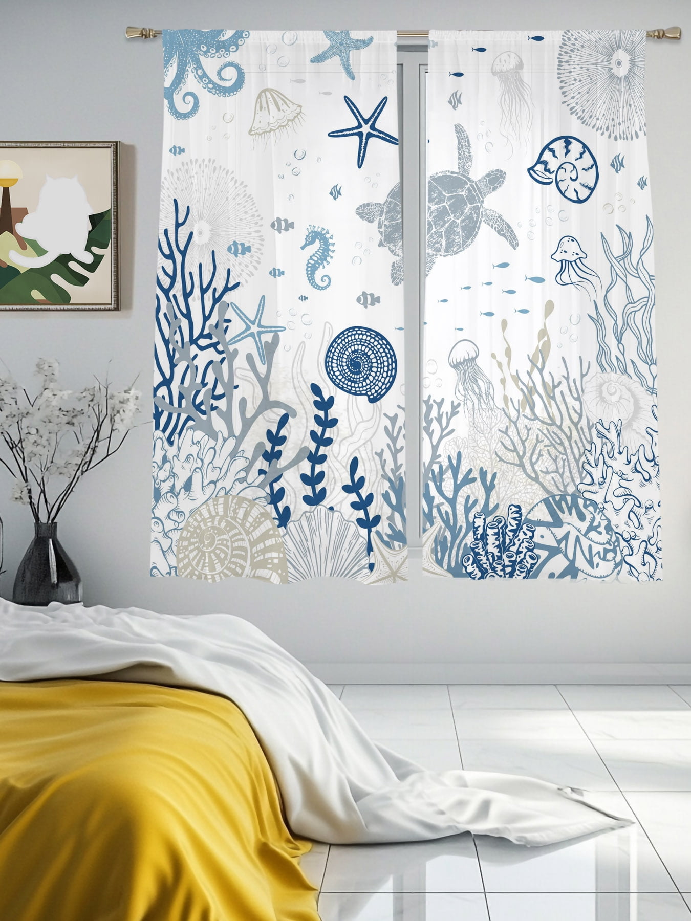 Blue Ocean Coral Sea Turtle Sheer Curtains 2 Panels Set Marine Life ...