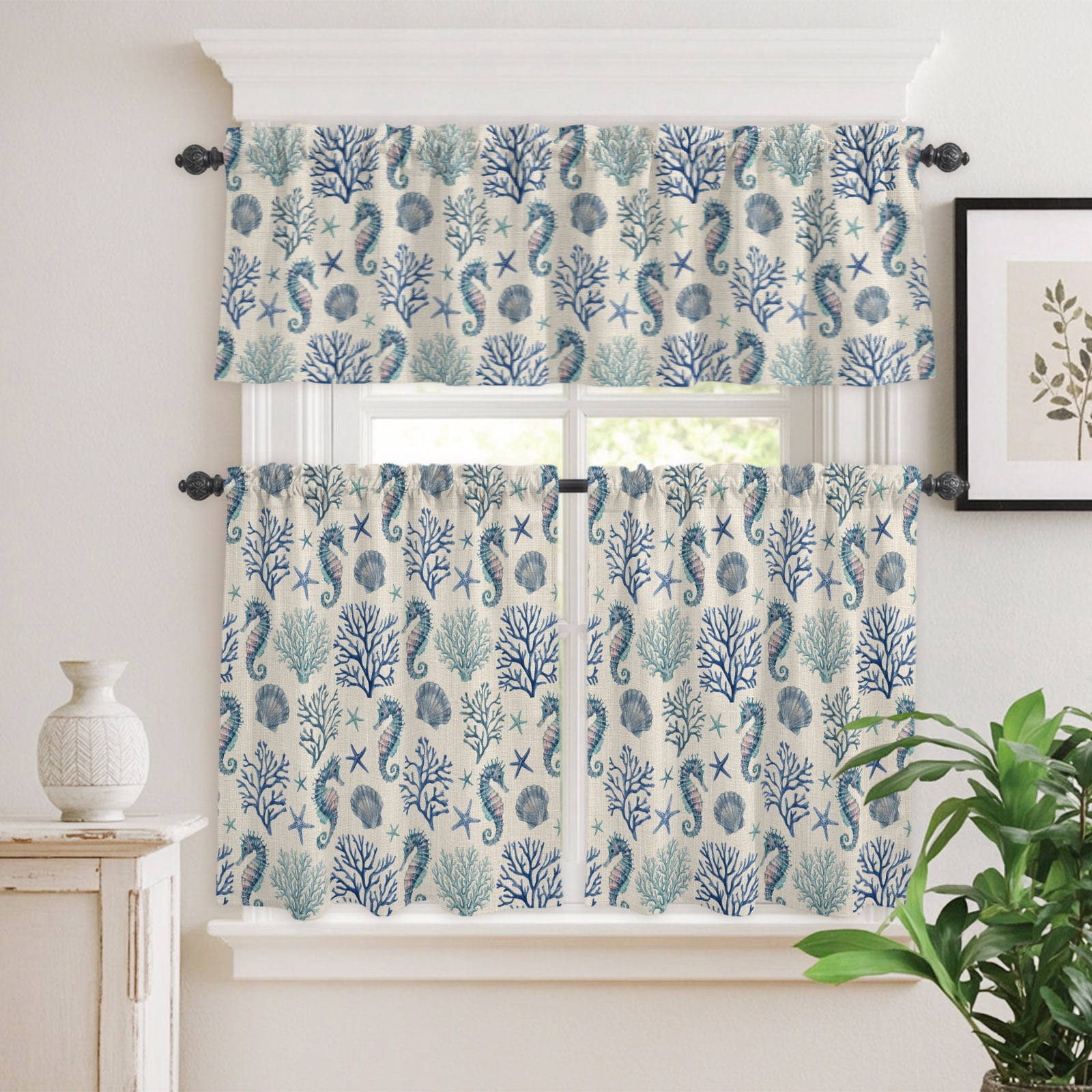 Blue Ocean Coral Seahorse Shell Curtain Tier and Valance Set 3 Piece ...