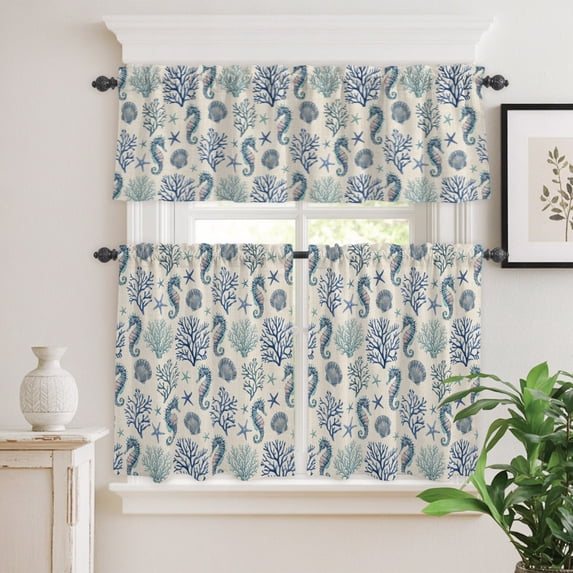 Blue Ocean Coral Seahorse Shell Curtain Tier and Valance Set 3 Piece ...