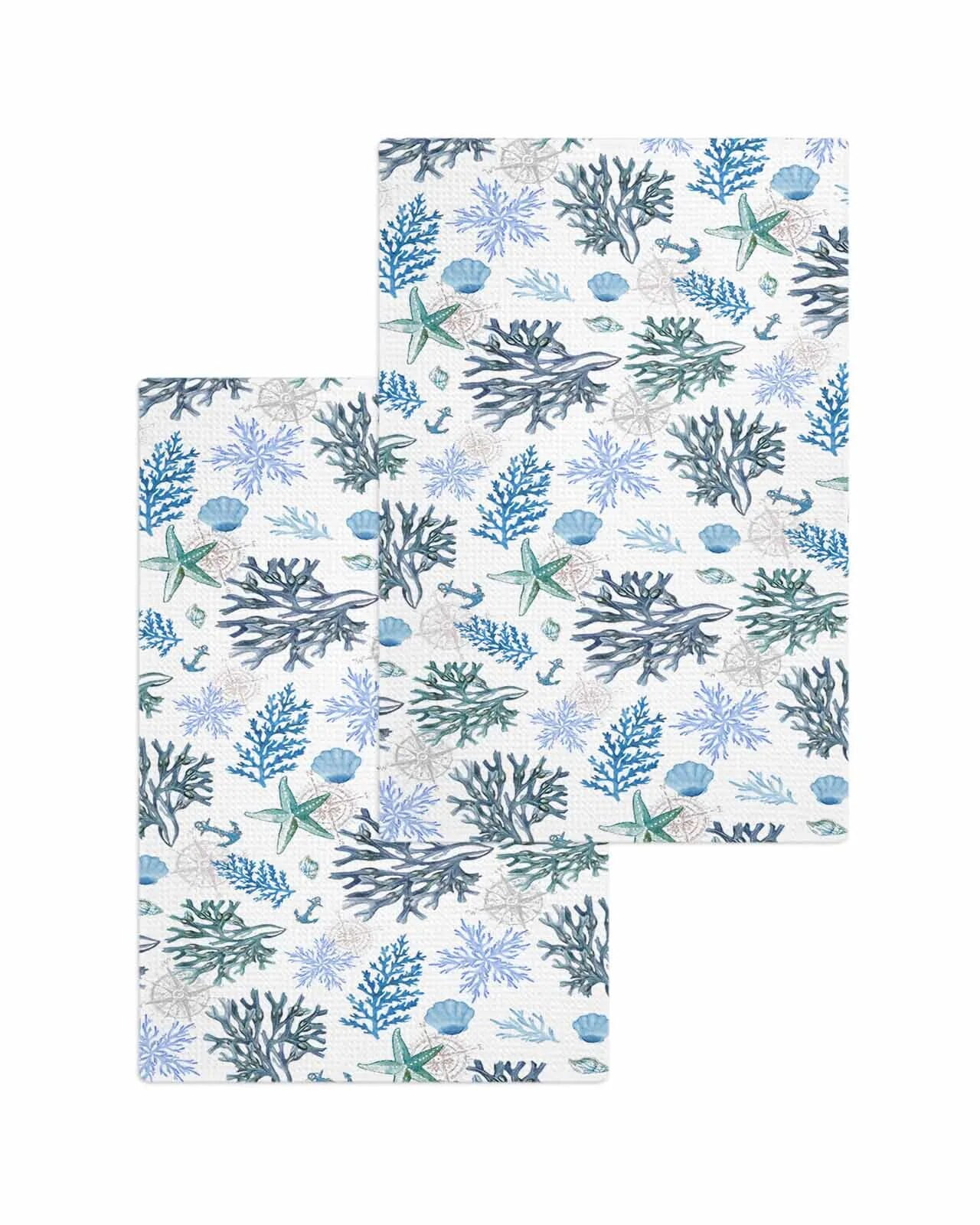 Blue Ocean Coral Shell Star Tea Towels Absorption Walf Checks Kitchen ...