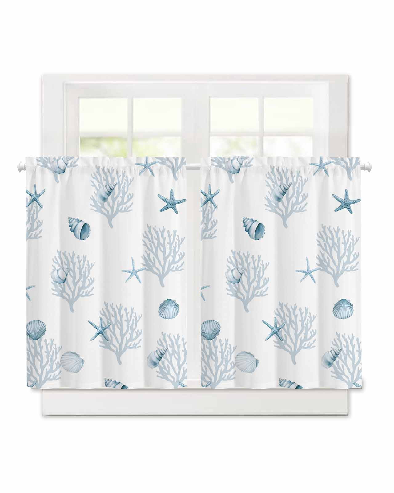 Blue Ocean Coral Shell Starfish Short Blackout Curtains 36 Inch Long ...