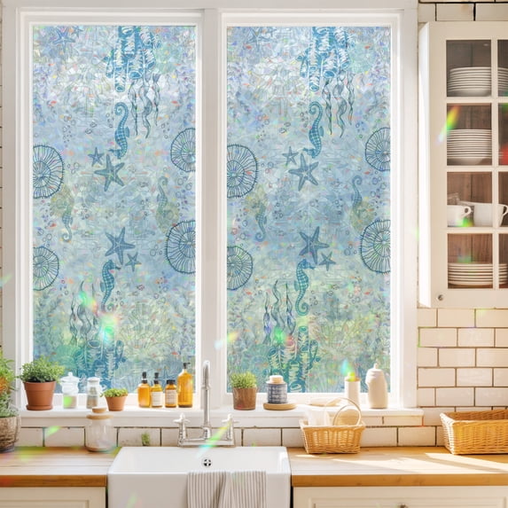 Blue Ocean Coral Shell Starfish Window Privacy Film,Decorative Windows ...
