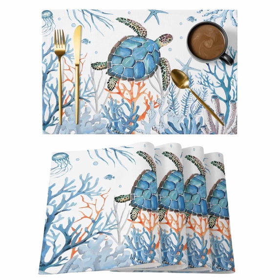 Blue Ocean Cotton Linen Placemats Set of 1, Sea Turtle Fish Jellyfish ...