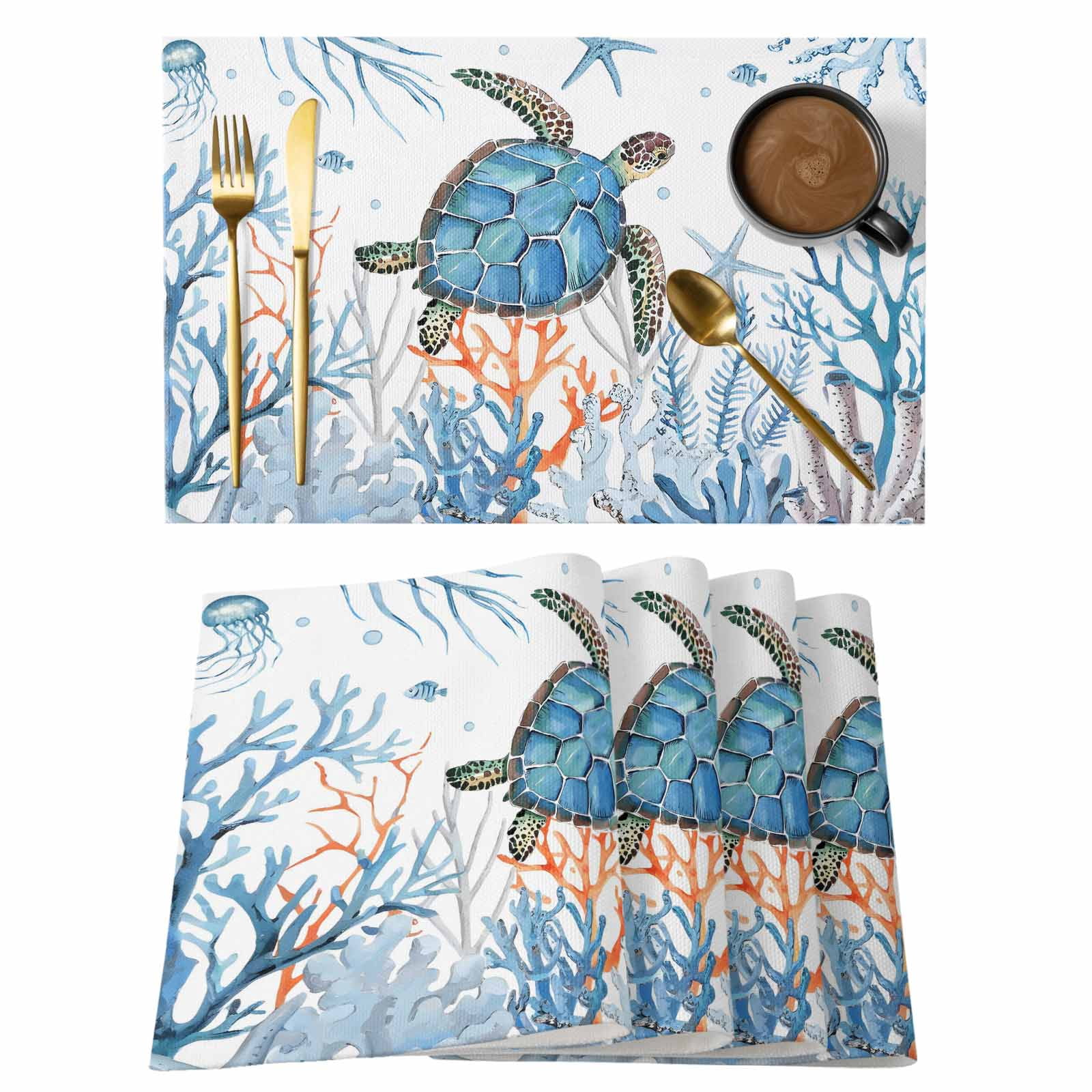Blue Ocean Cotton Linen Placemats Set of 4, Sea Turtle Fish Jellyfish ...