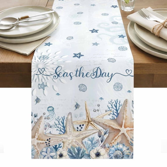 Blue Ocean Cotton Linen Table Runner Seas The Day Dining Table Runners ...