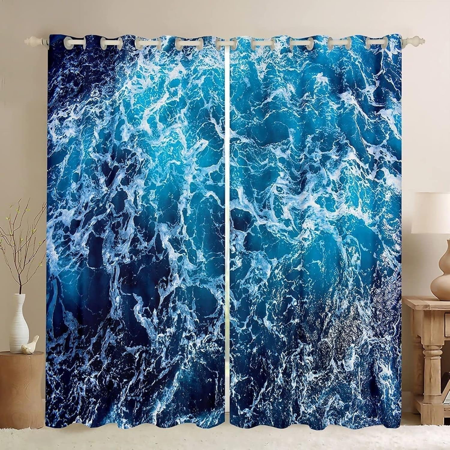 Blue Ocean Curtains For Living Room/Bedroom, Sea Waves Splash 3D ...