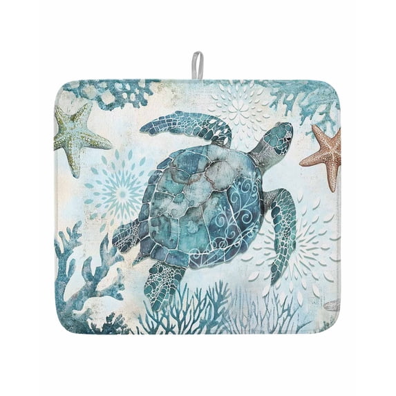 Blue Ocean Dish Drying Mat 16x18 inch Sea Turtle Coral Starfish Retro ...