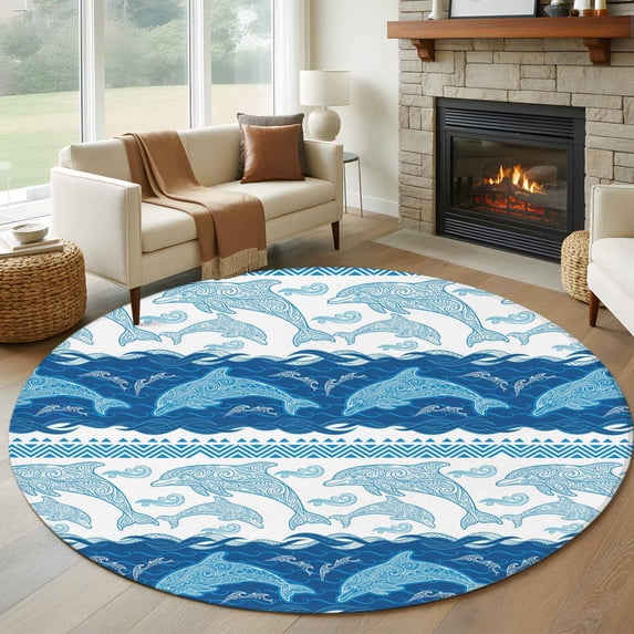 Blue Ocean Dolphin 5FT Round Area Rugs for Living Room Nautical Waves ...