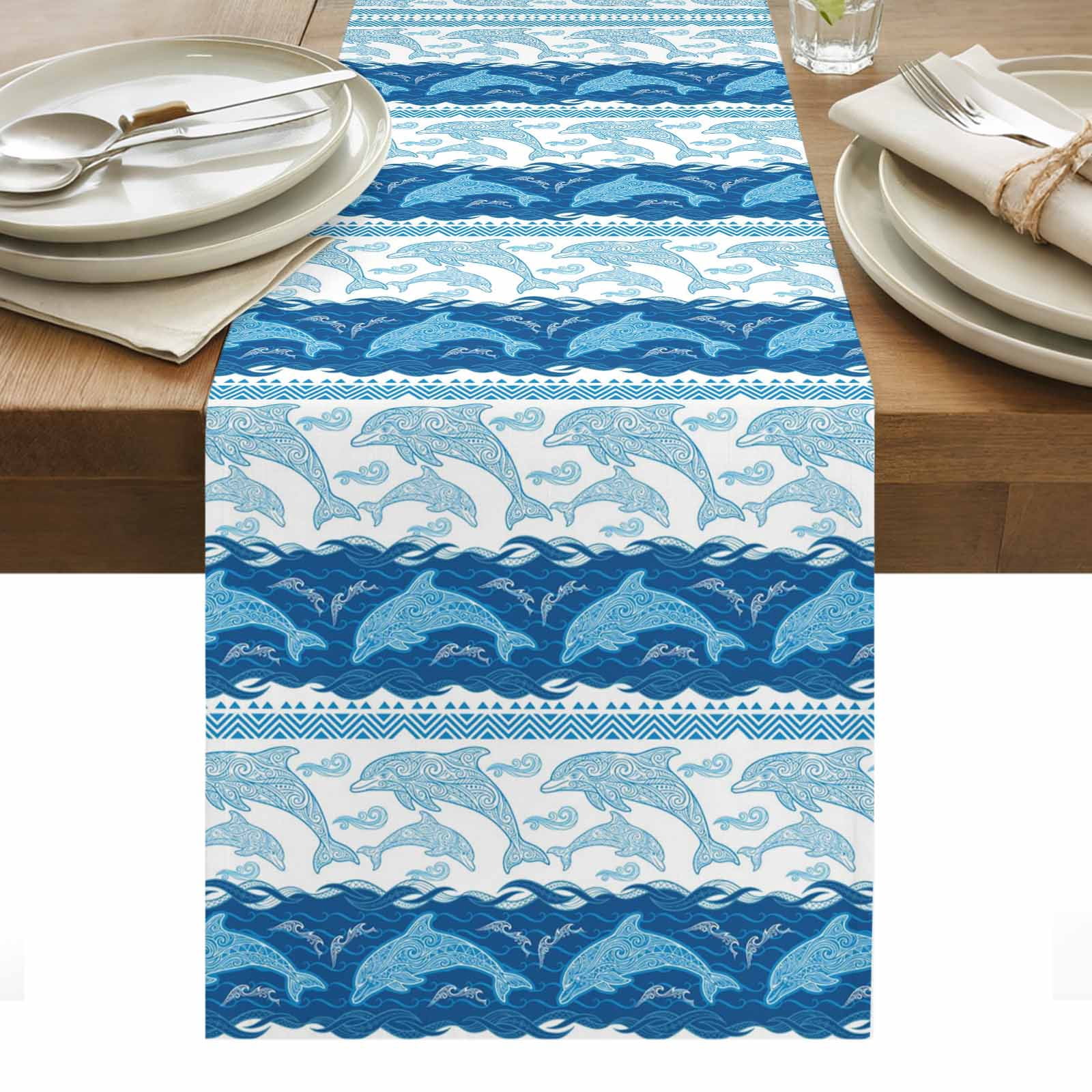 Blue Ocean Dolphin Cotton Linen Table Runner Nautical Waves Vintage ...