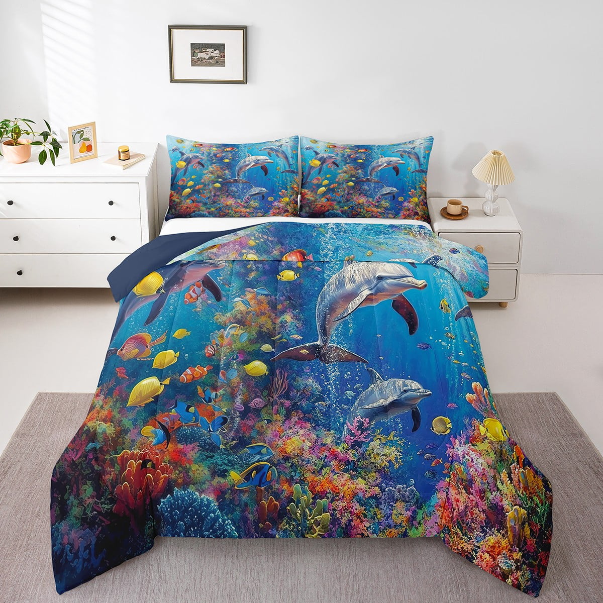 Blue Ocean Dolphin Full Comforter Set,Sea Animal Ocean Life Fish ...