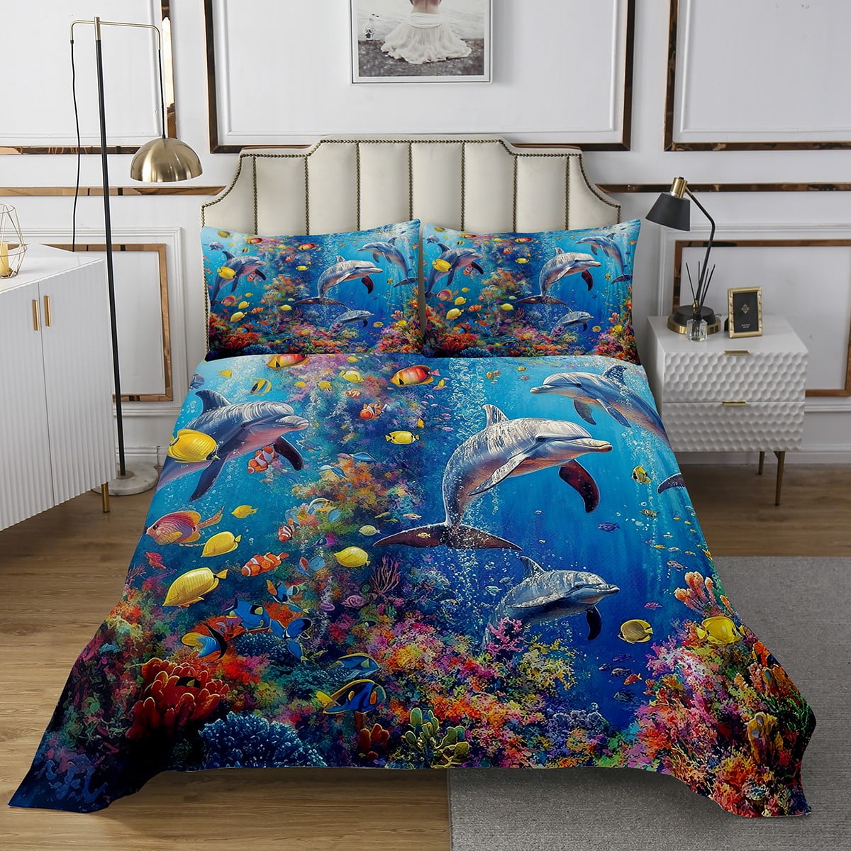 Blue Ocean Dolphin King Quilt Set,Sea Animal Ocean Life Fish Bedding ...