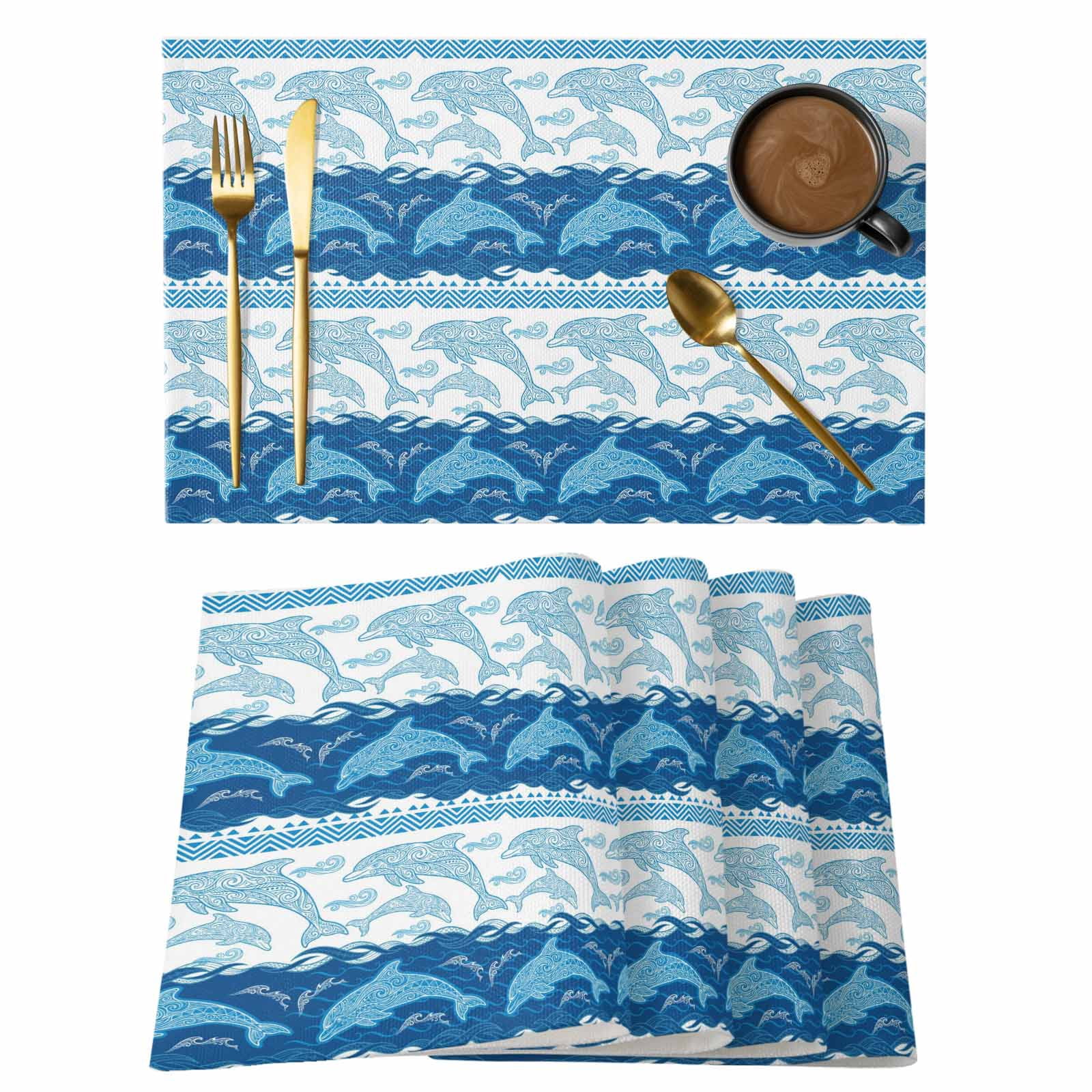 Blue Ocean Dolphin Placemats Set of 4 Nautical Waves Vintage Summer ...