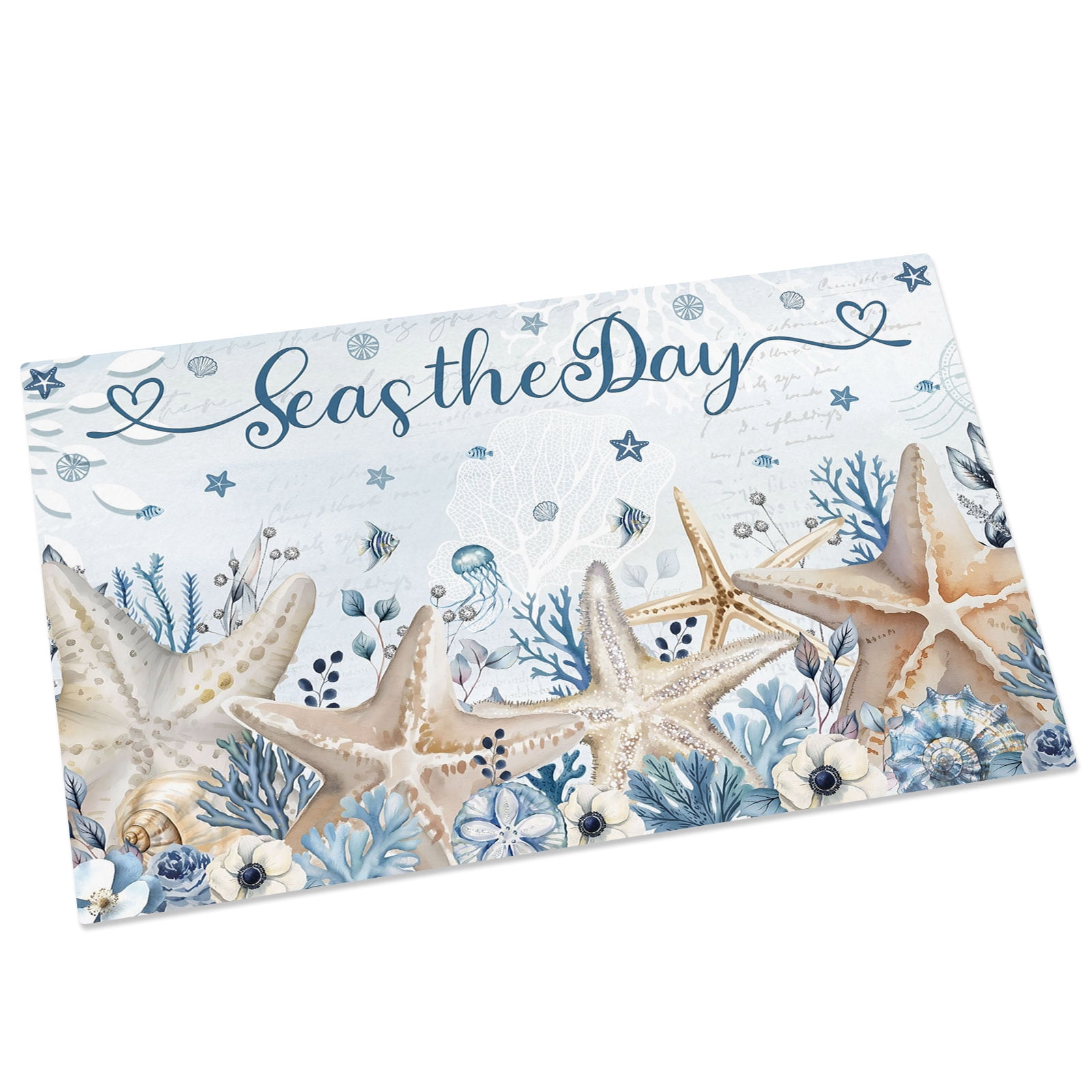 Blue Ocean Door Mat 16x24 Inch Seas The Day Floral Jellyfish Starfish ...