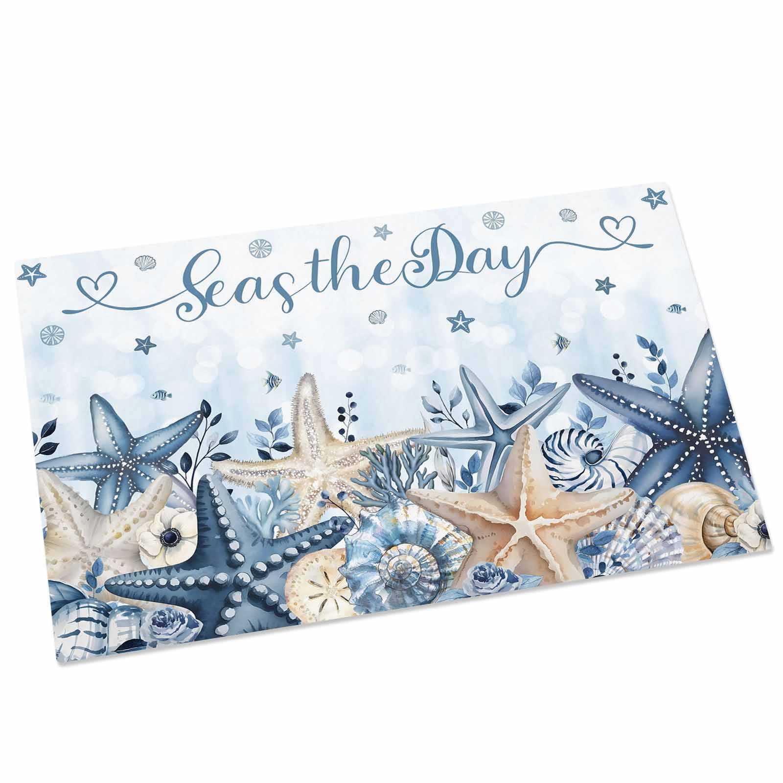 Blue Ocean Door Mat 18x30 Inch Seas The Day Eucalyptus Leaf Starfish ...