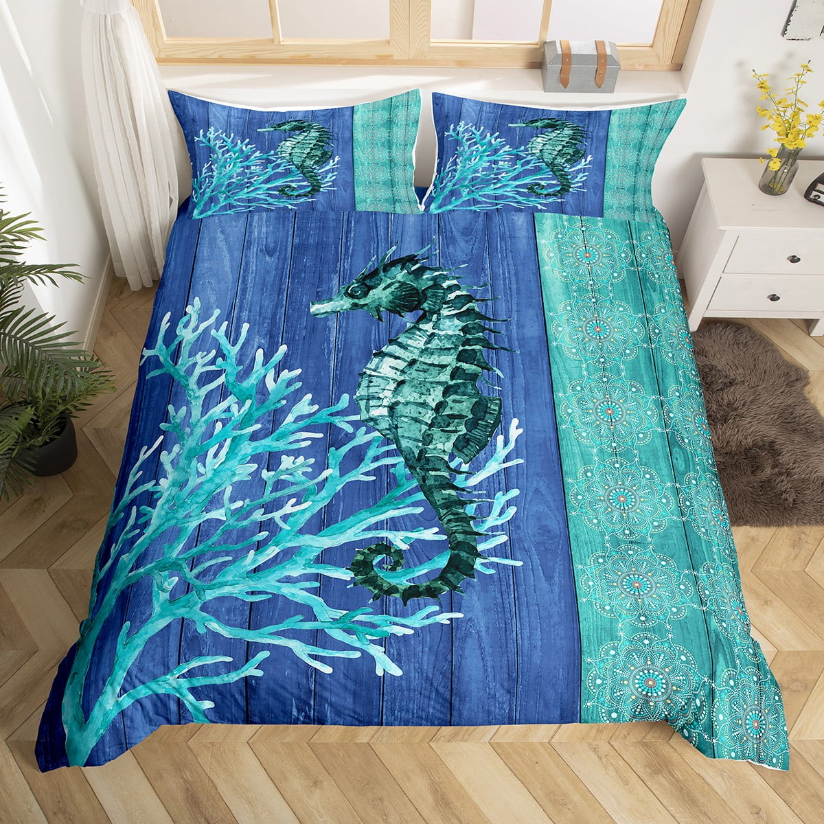 Blue Ocean Duvet Cover Seahorse Cute Bedding Set for Kids Child Wooden ...