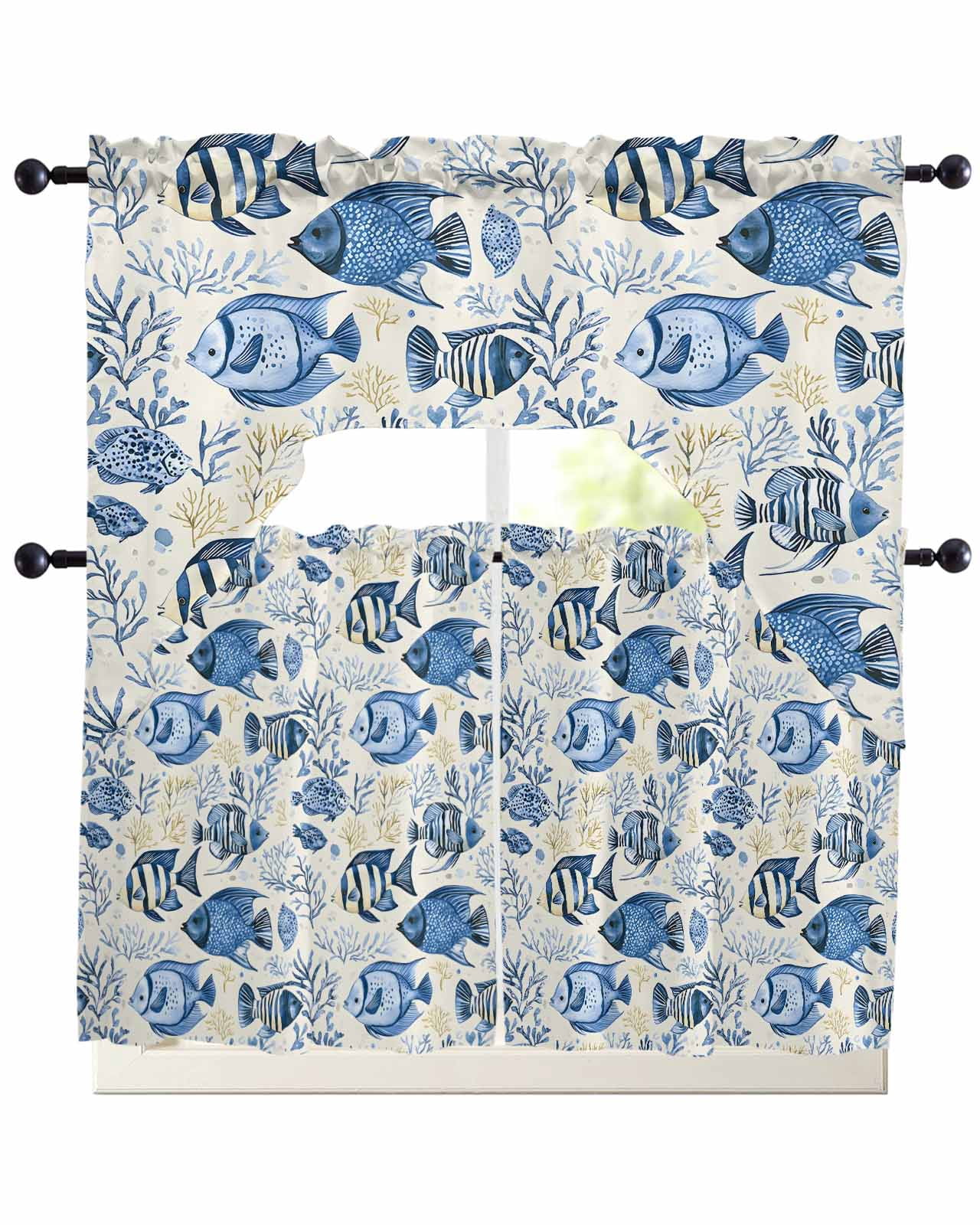 Blue Ocean Fish Kitchen Curtains Swag Valance and Tier Curtains Set 36 ...