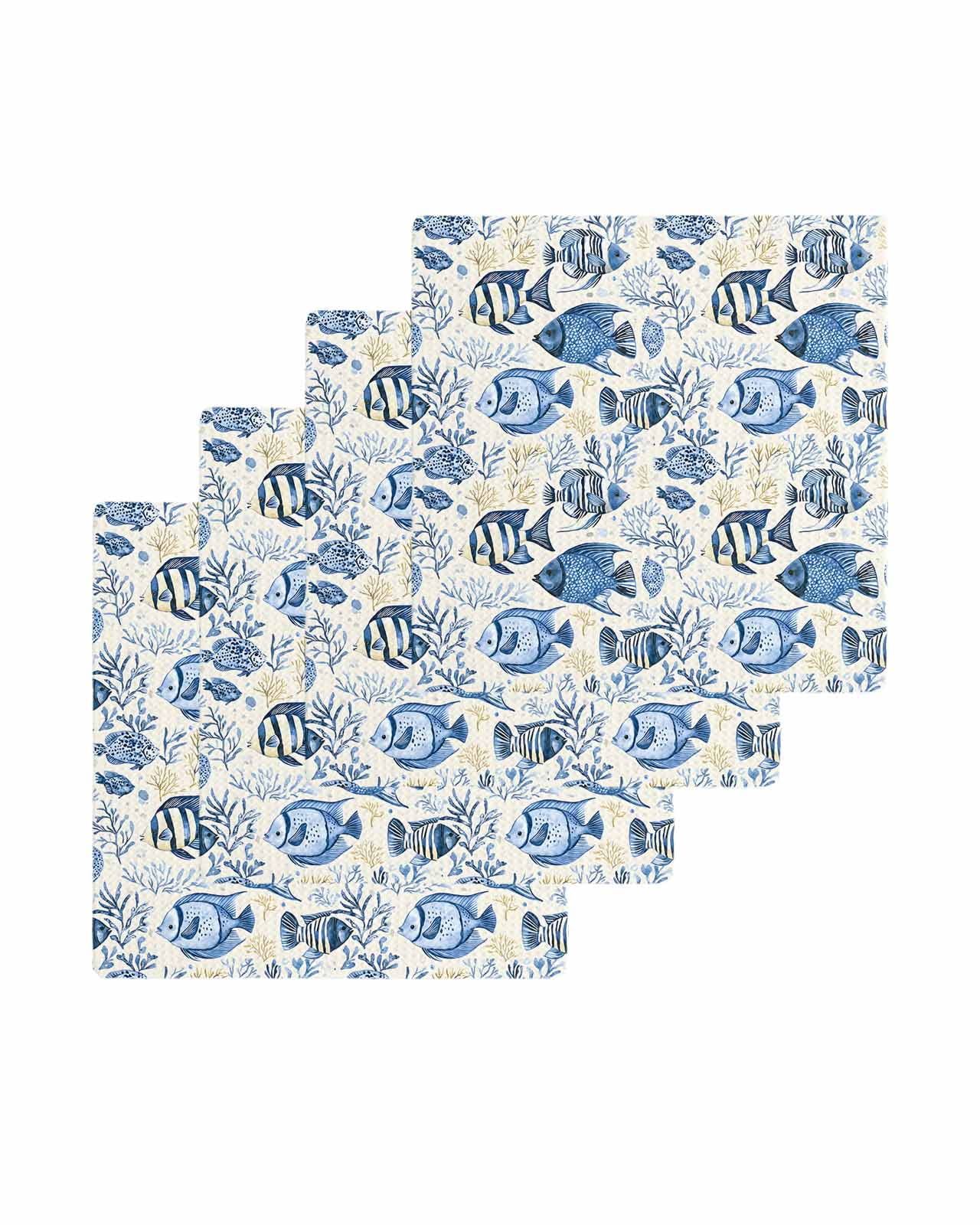 Blue Ocean Fish Kitchen Dish Towels for Drying Dishes Set of 4, Tropical Animal Coastal Coral ...