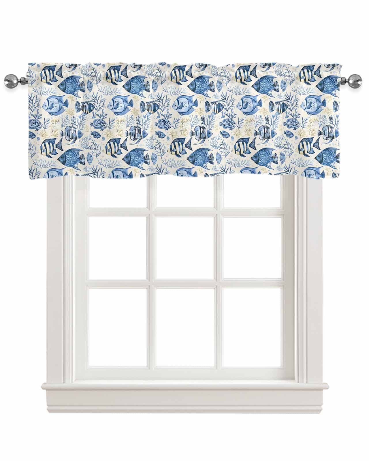 Blue Ocean Fish Kitchen Valances for Windows Farmhouse Linen Window ...