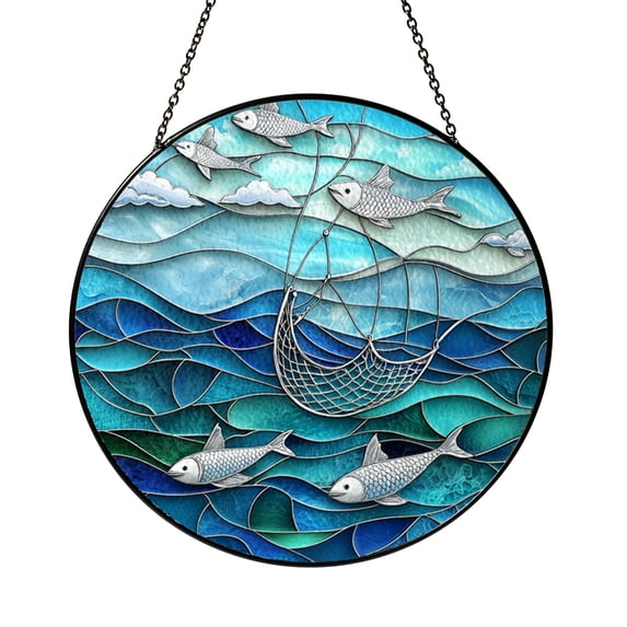 Blue Ocean Fish Net Stained Glass Suncatcher, Sea Life Window Art Gift ...