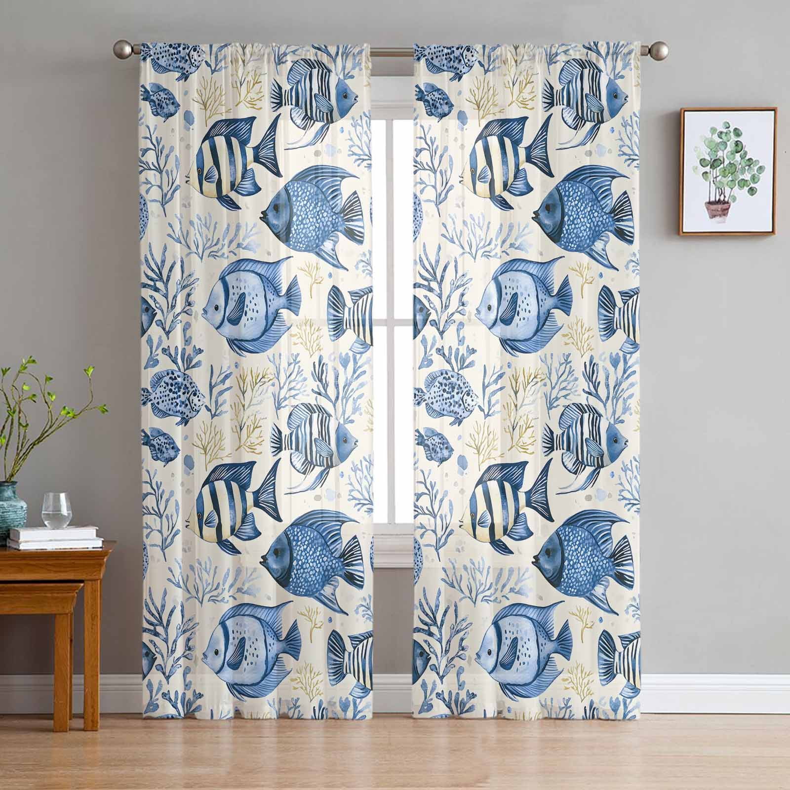 Blue Ocean Fish Sheer Curtains 84 Inches Long 2 Panels Set, Window ...