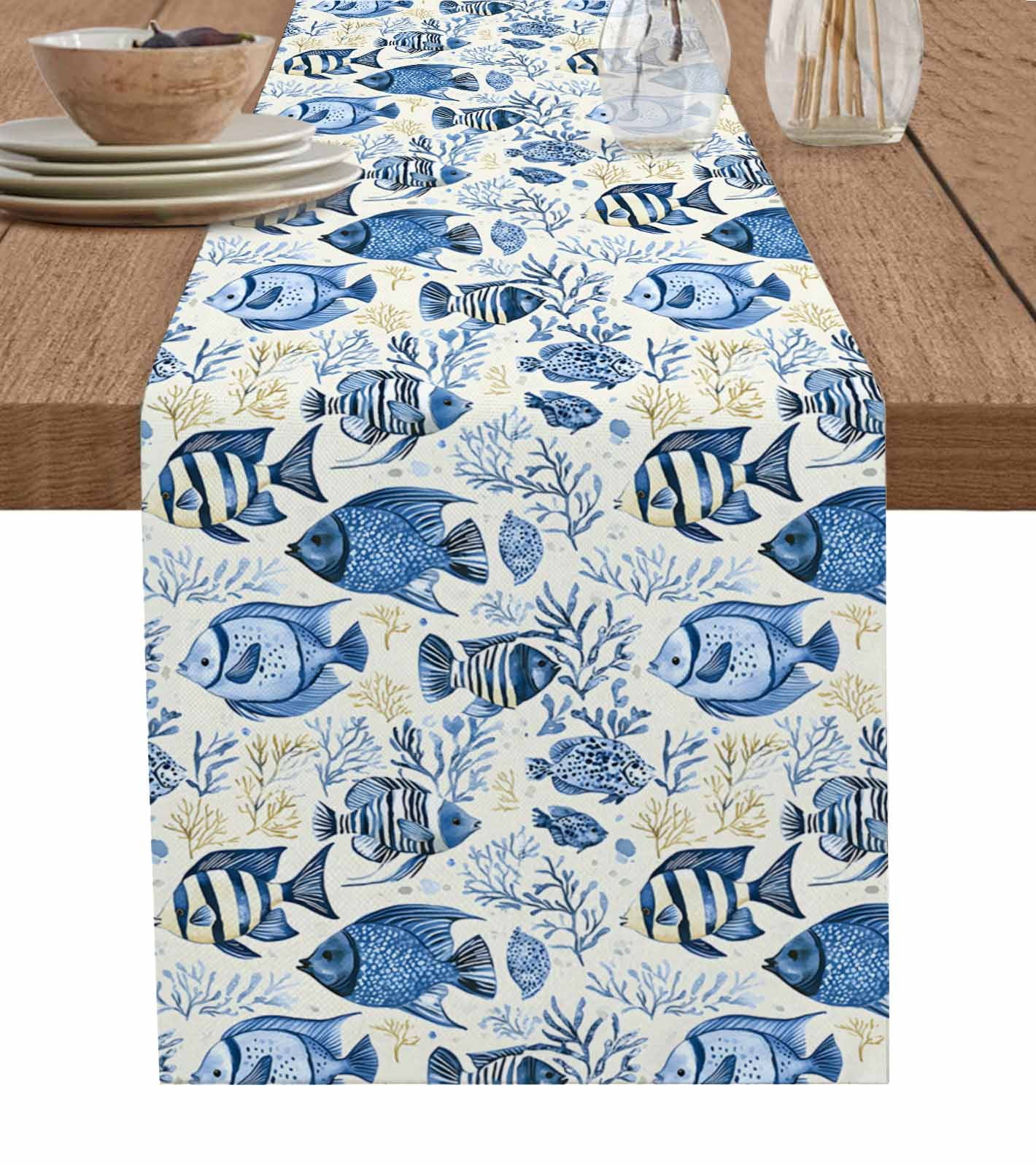 Blue Ocean Fish Table Runner 72 Inches, Tropical Animal Coastal Coral ...