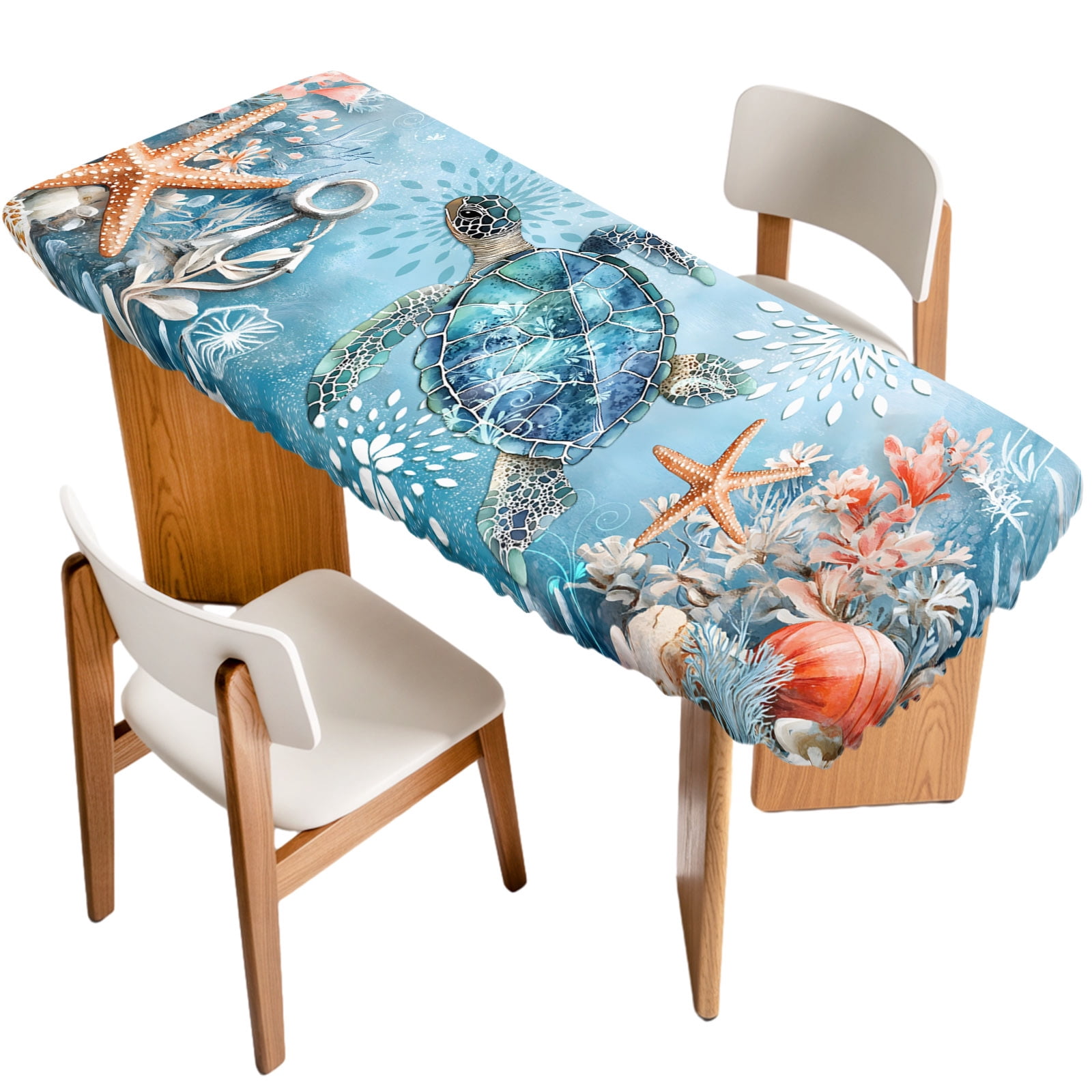 Blue Ocean Fitted Rectangle Tablecloth 32" x 96" Sea Turtle Coral ...
