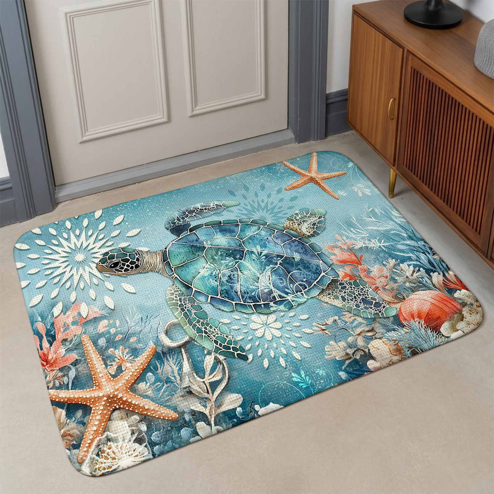 Blue Ocean Front Door Mat Indoor Entrance, Sea Turtle Coral Starfish ...