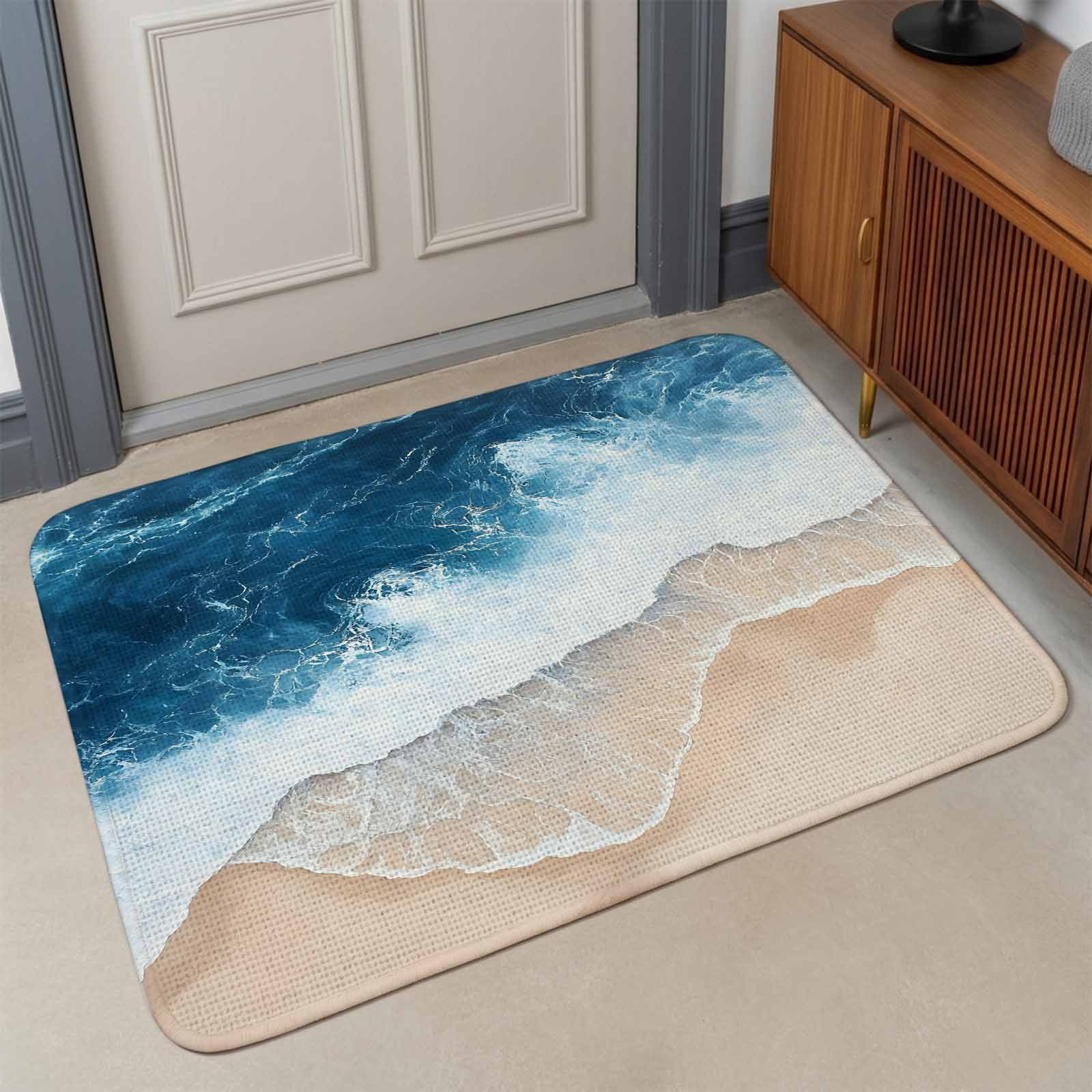 Blue Ocean Front Door Mat Indoor Entrance, Wave Beach Abstract Seaside ...