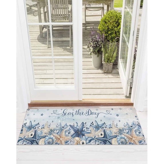 Blue Ocean Front Door Mat Seas The Day Eucalyptus Leaf Starfish Coastal ...