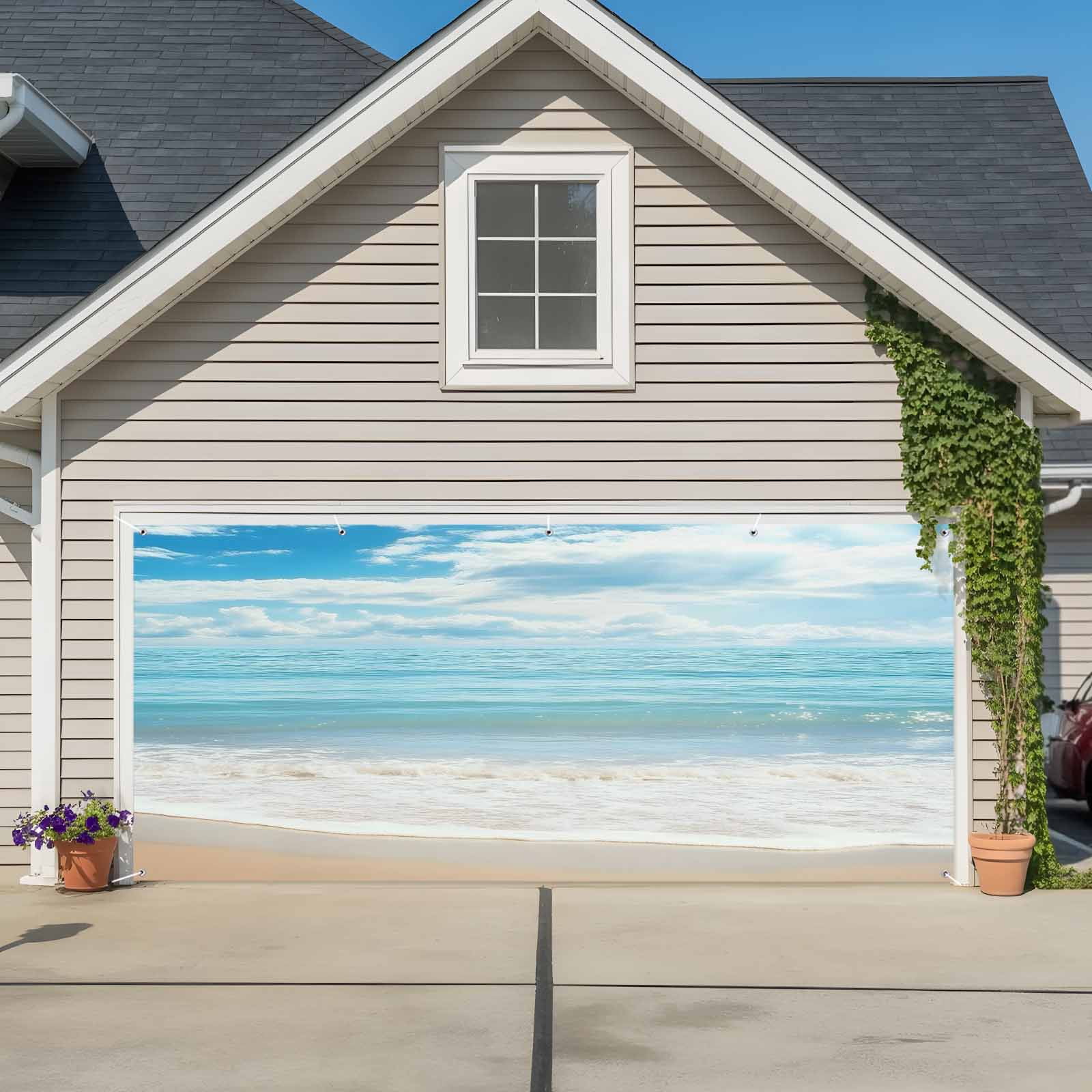 Blue Ocean Garage Door Cover Banner 7 x 8 FT, Coastal Sea Beach Shore ...