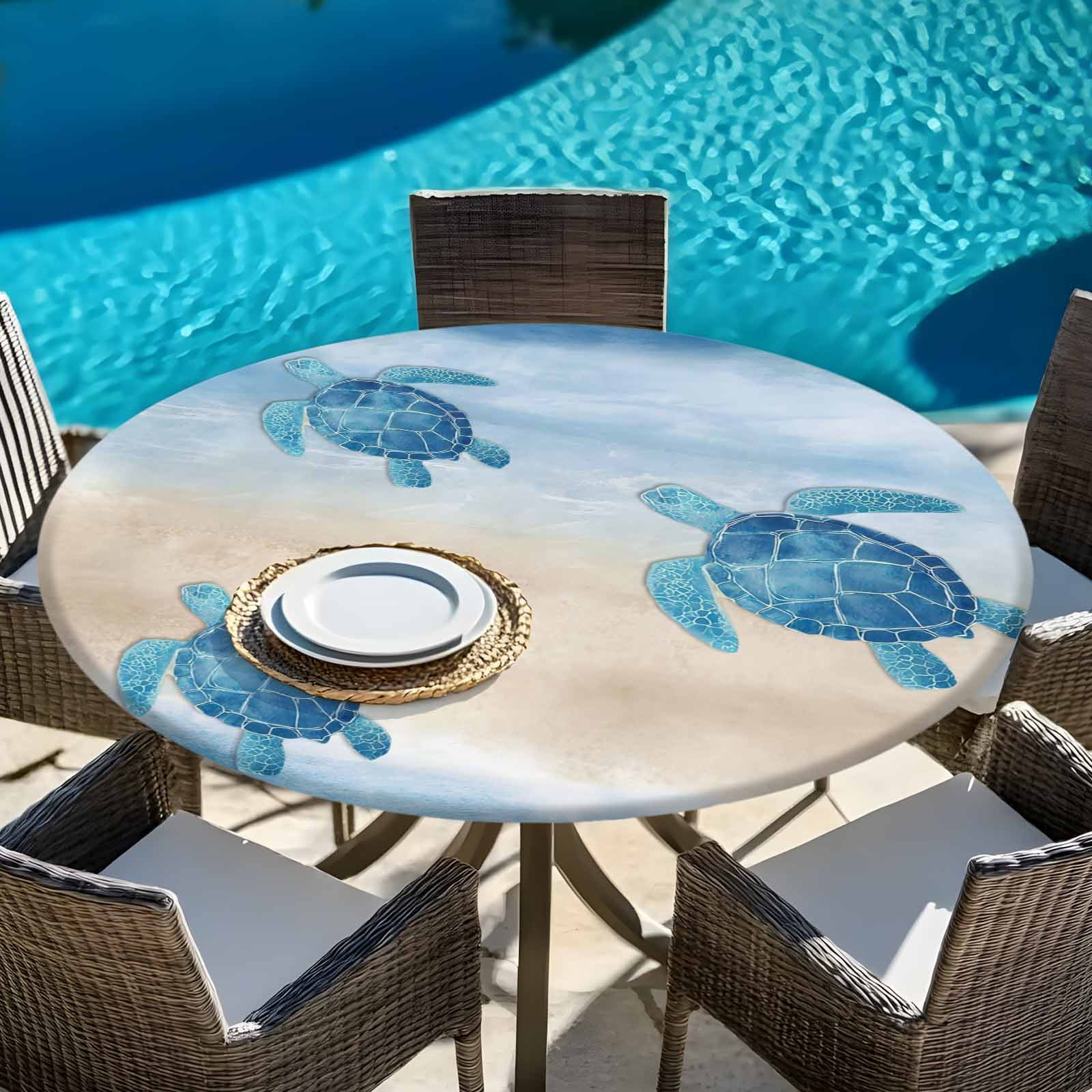 Blue Ocean Gradient Weaves Round Fitted Tablecloth with Elastic Edge ...