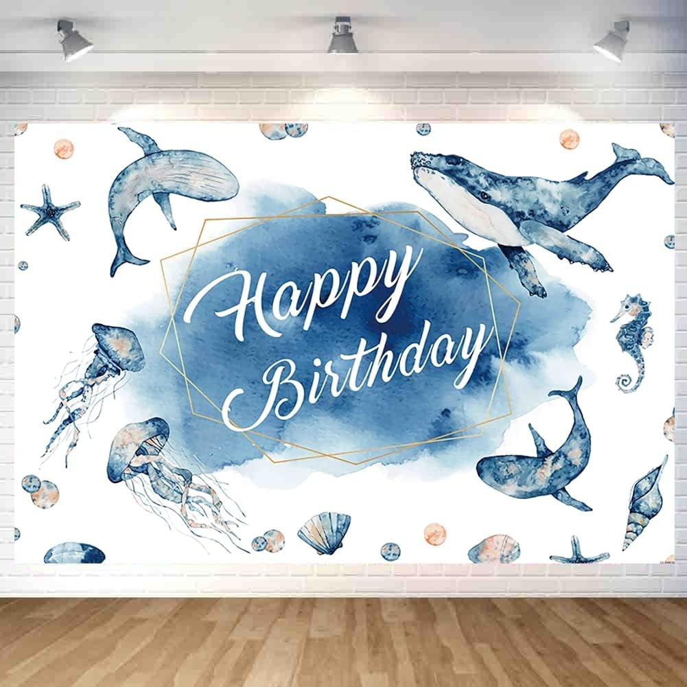 Blue Ocean Happy Birthday Backdrop Decorations Marine Animals Happy ...