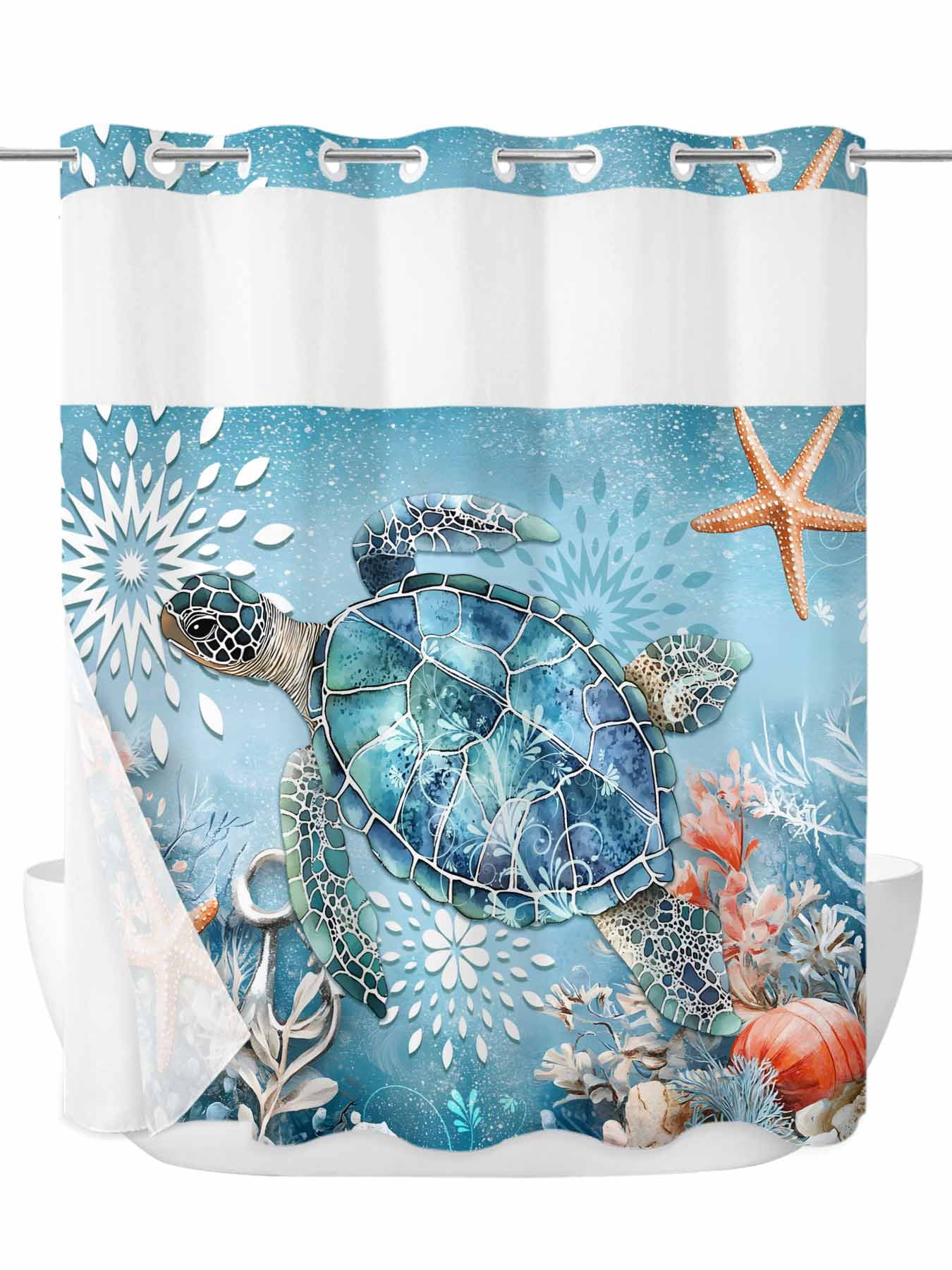Blue Ocean No Hook Shower Curtain and Liner Set Sea Turtle Coral ...