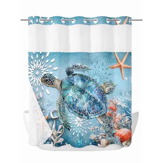 Blue Ocean No Hook Shower Curtain and Liner Set Sea Turtle Coral ...
