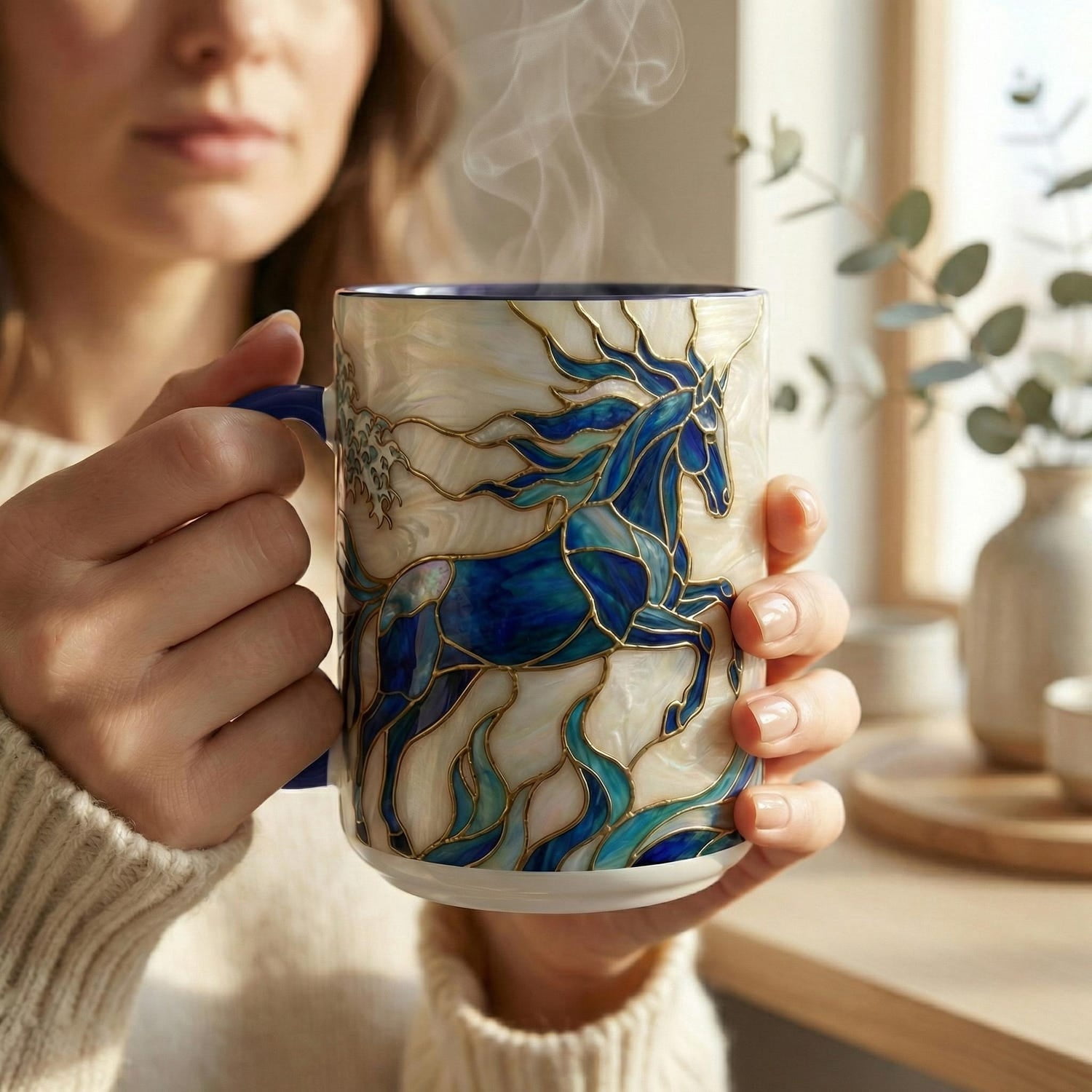 Blue Ocean Horse Mug, Stained Glass Wave Coffee Cup, Coastal Fantasy ...