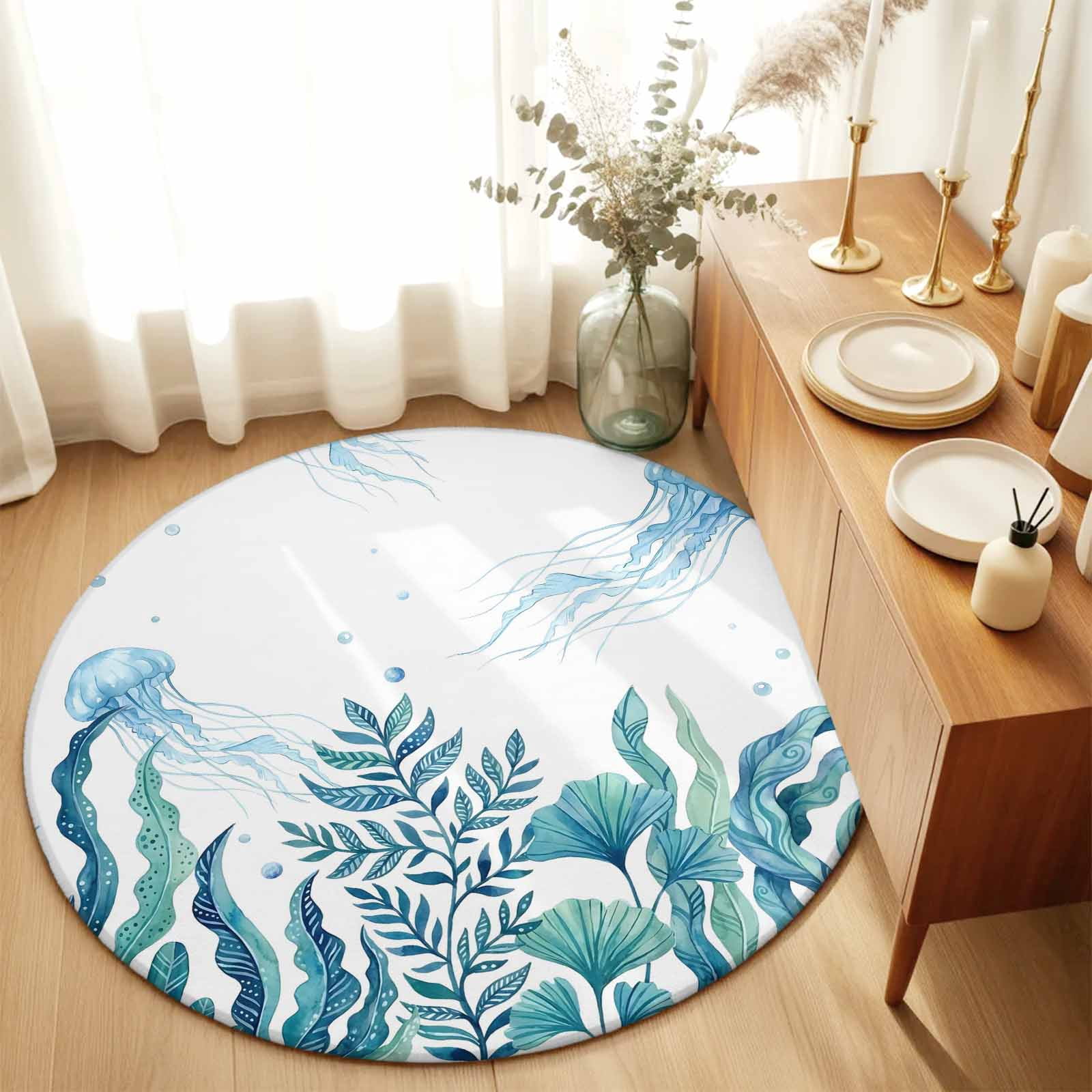 Blue Ocean Jellyfish Seagrass Round Rug 3ft Summer Leaves Watercolor ...