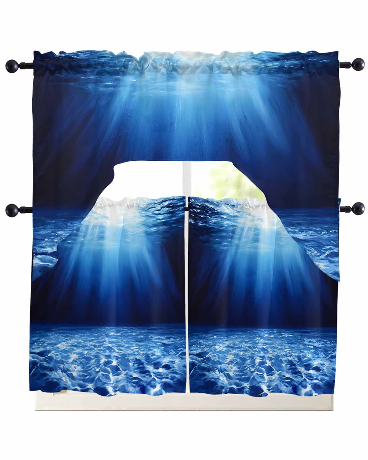Blue Ocean Kitchen Curtain and Valance Set 3 Pieces,Rod Pocket Short ...