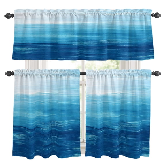 Blue Ocean Kitchen Curtains Set for Windows, Abstract Waves Oil ...