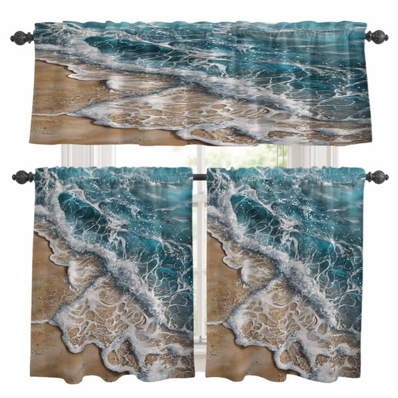 Blue Ocean Kitchen Curtains Set for Windows, Wave Beach Coastal Ripple ...