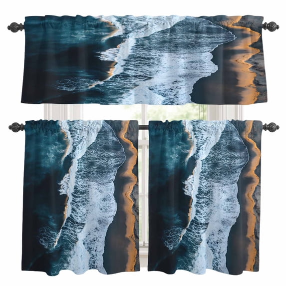 Blue Ocean Kitchen Curtains Set for Windows, Wave Coastal Beach Seaside ...