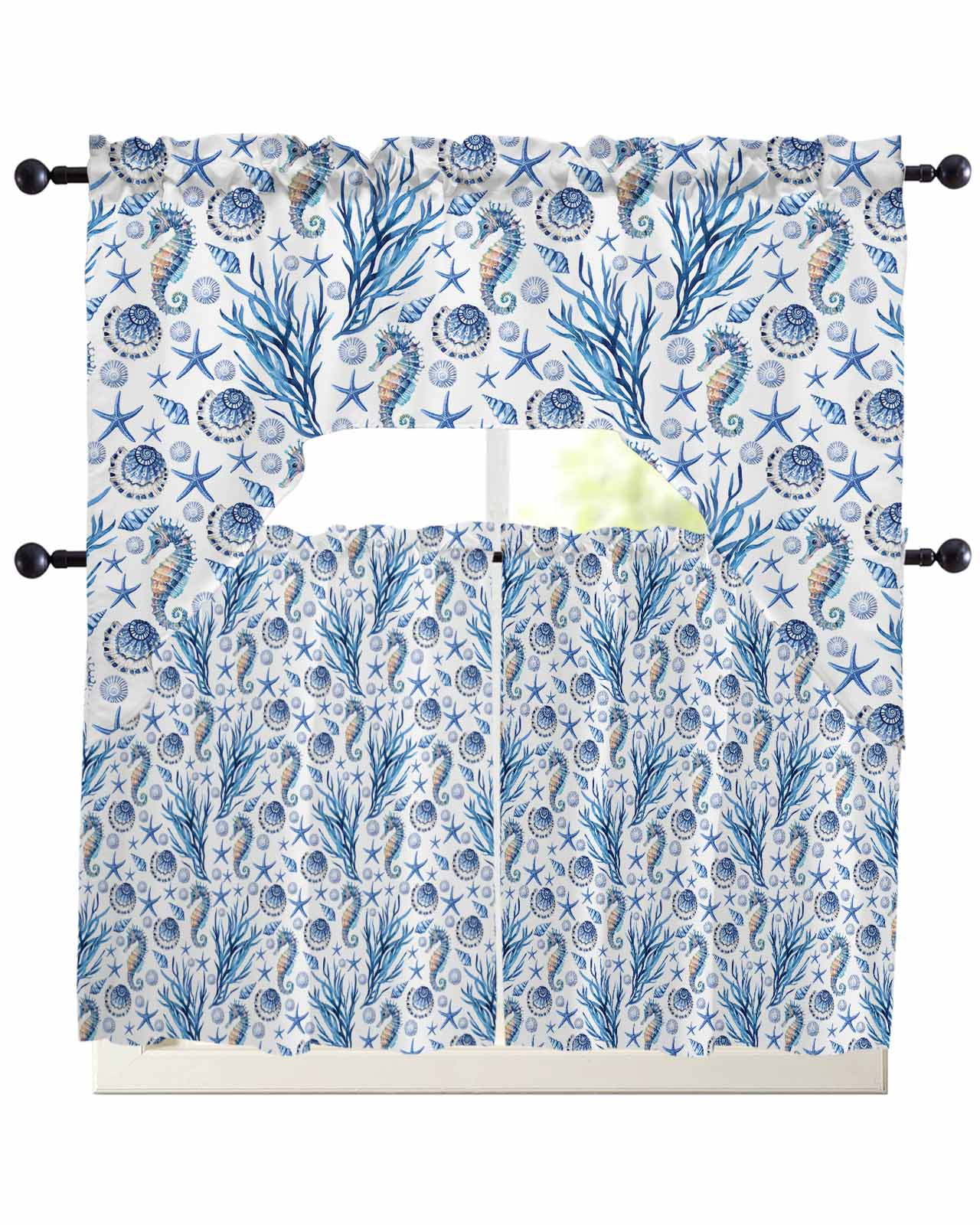 Blue Ocean Kitchen Curtains Sets 24 Inch Length with Valance, Coastal ...